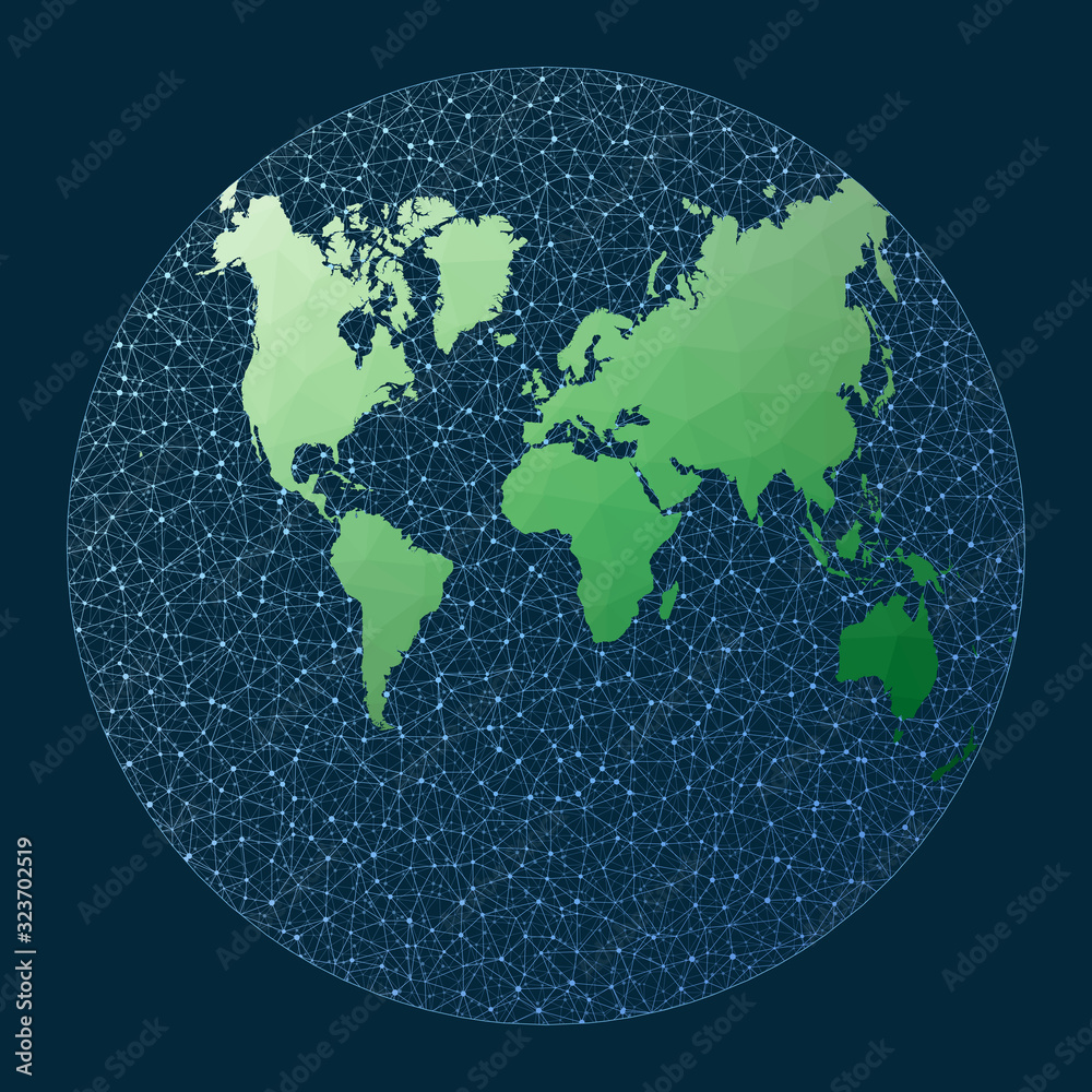 Abstract map of world network. Van Der Grinten 2 projection. Green low ...