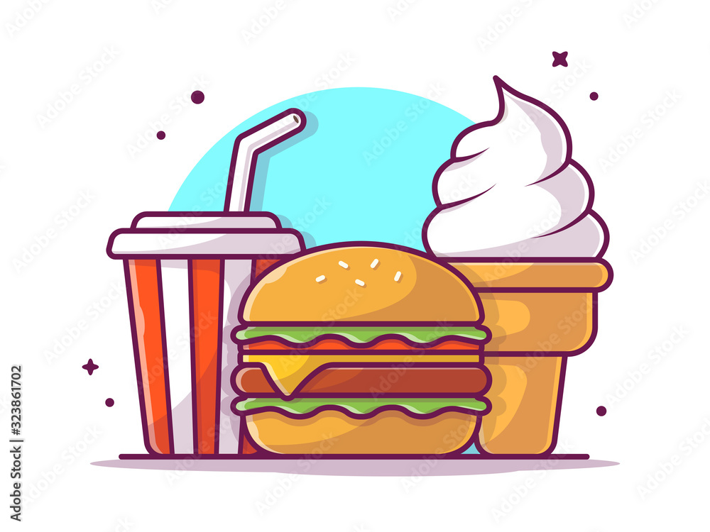 Burger Icon with Cup of Soda and Ice Cream Vector Illustration. Fast ...