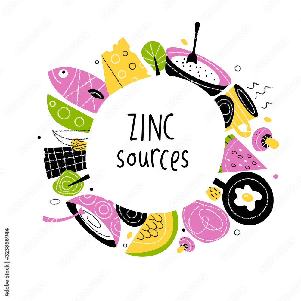Zinc food sources. Vector cartoon illustration of zinc rich foods Stock ...
