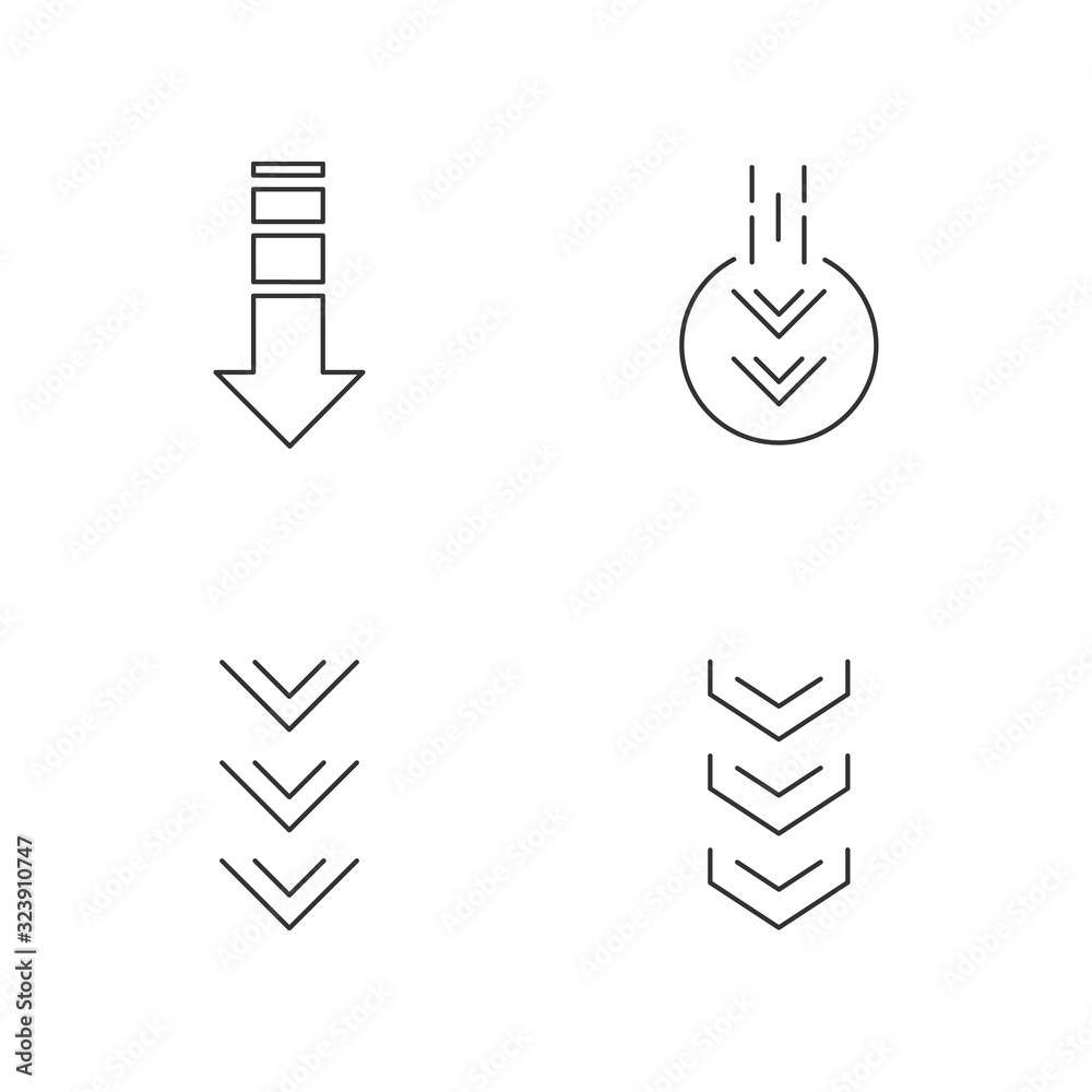Down arrows pixel perfect linear icons set. Double arrowhead in circle. Scrolldown buttons ...