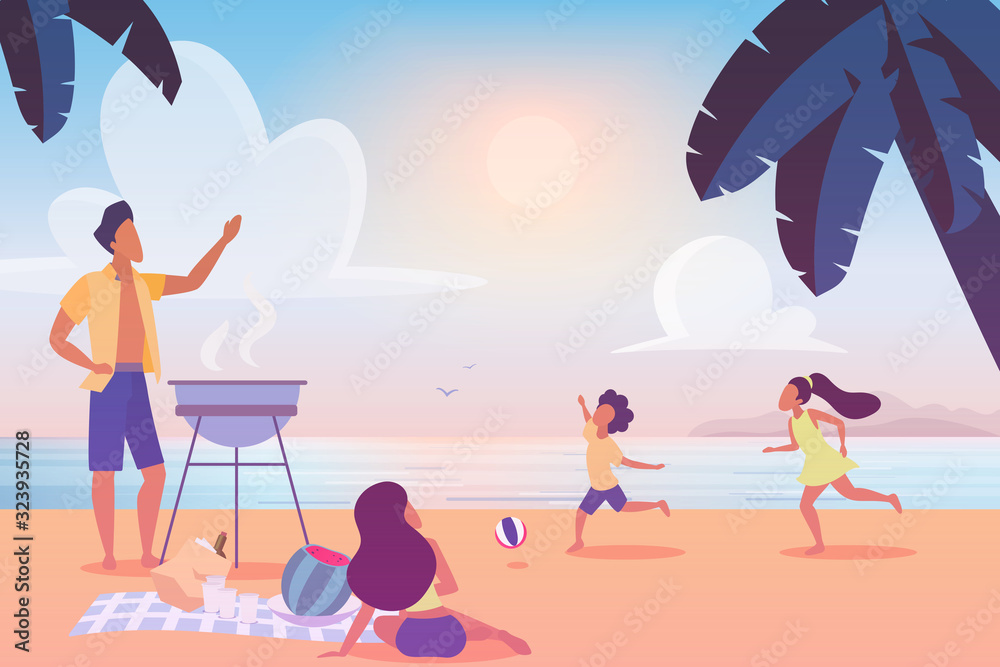 Young married couple preparing bbq grill on sunset beach while small ...