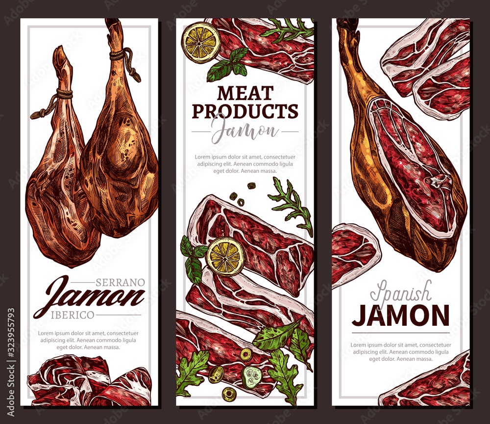 Vector de Stock Vertical banners set with natural farm meat products ...
