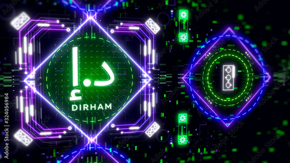 UAE dirham currency symbol on futuristic neon background. Business ...