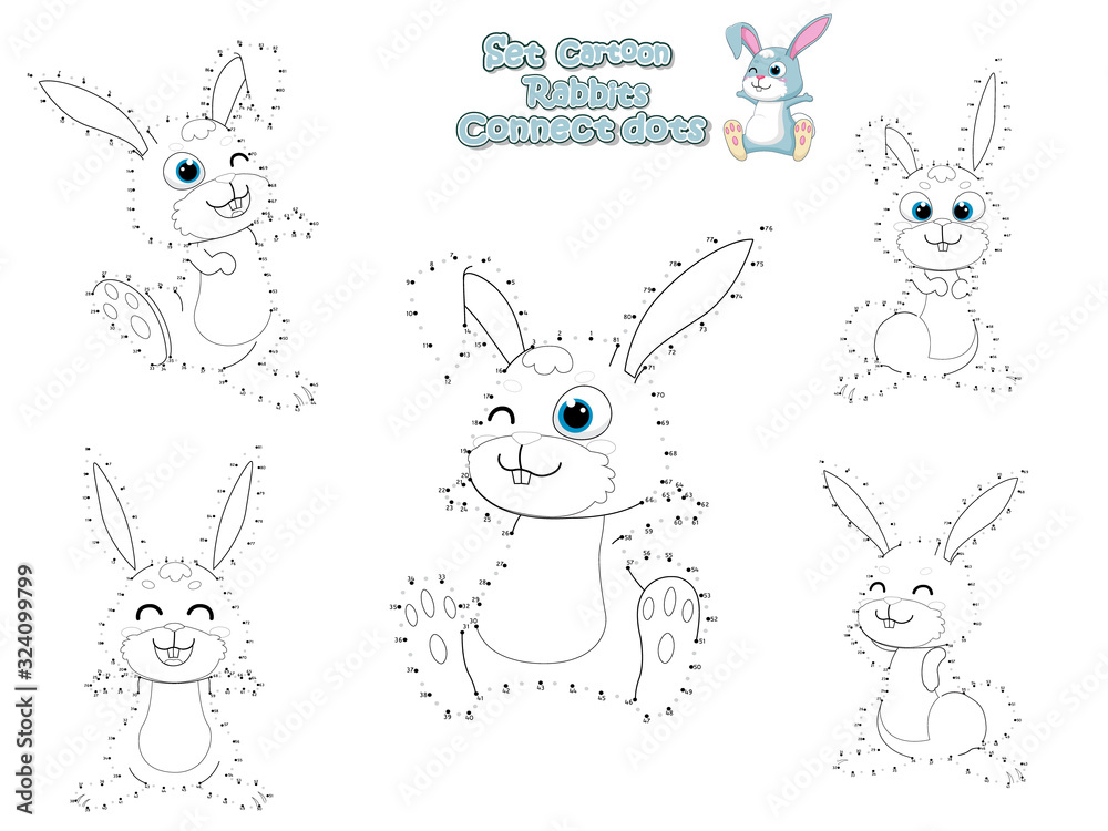 Connect The Dots and Draw Cute Rabbits Cartoon Set. Educational Game ...