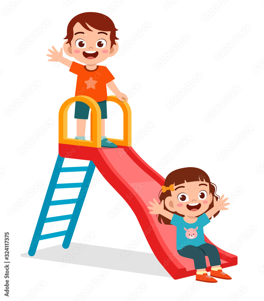happy cute kid boy and girl play slide together Stock Vector | Adobe Stock