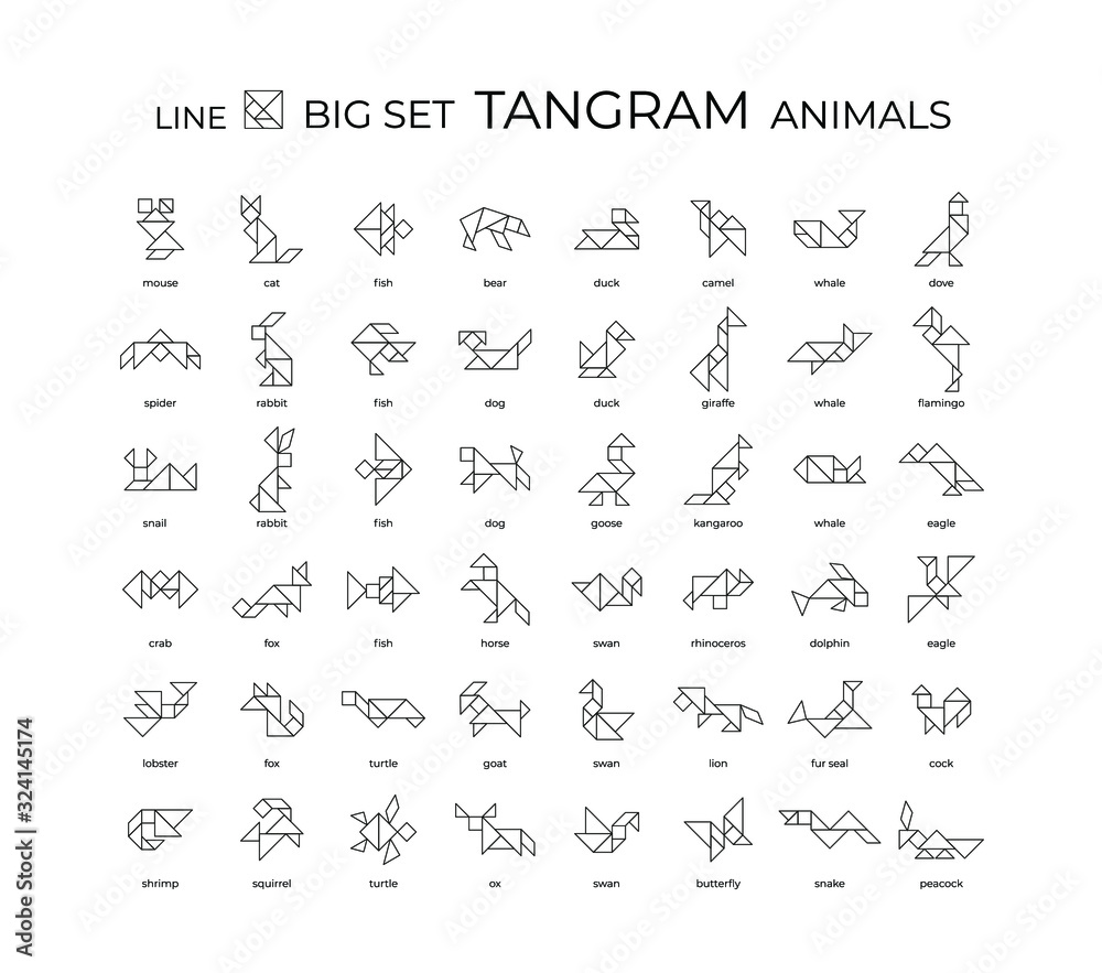 Vector big set of tangram animals created from lines. 48 linear icons ...