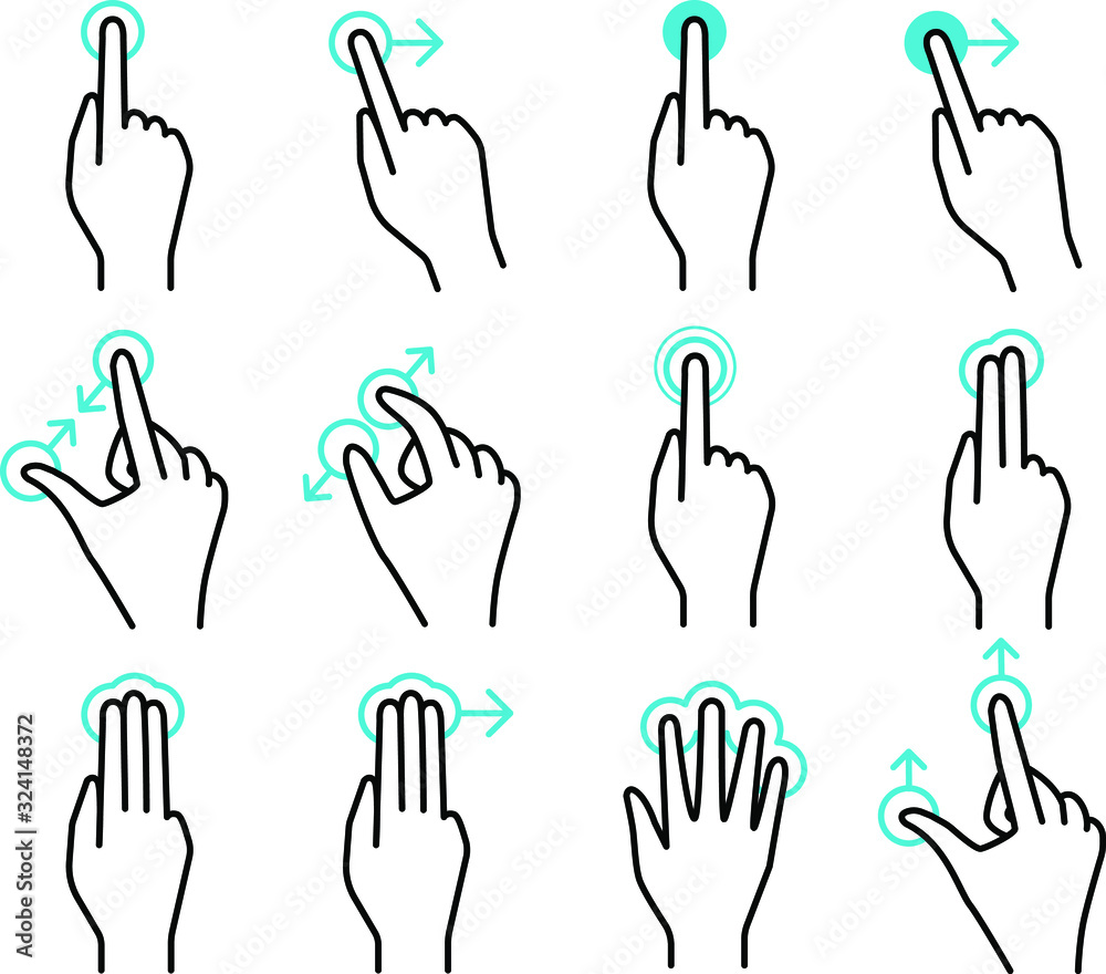 Touchscreen gestures collection. Hand actions on gadget screen - tap ...