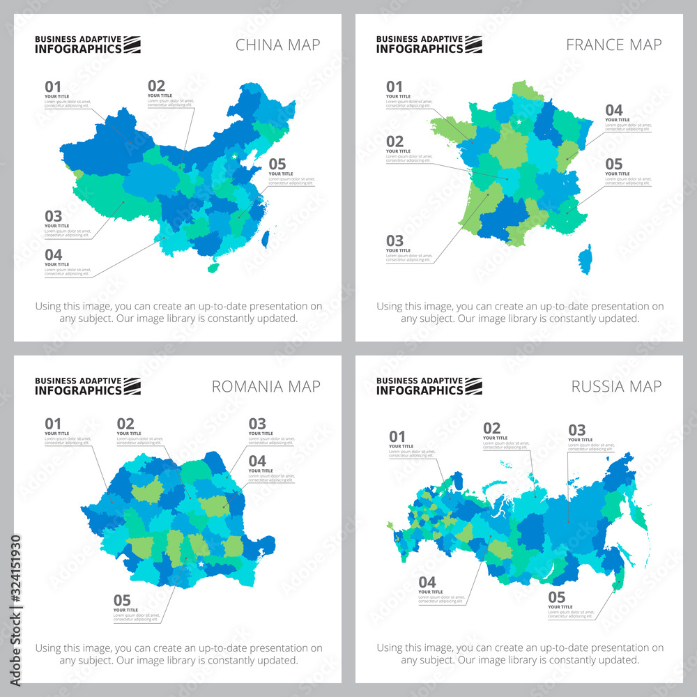 Collage of original business infographic charts with maps. Can be used ...