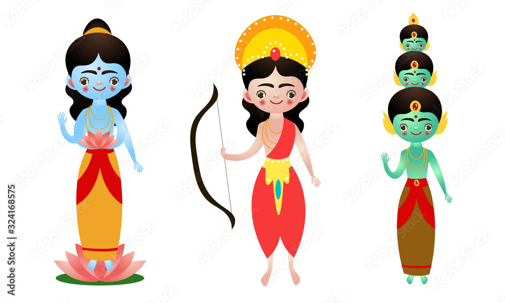 Different standing hindu deities with human faces vector illustration ...