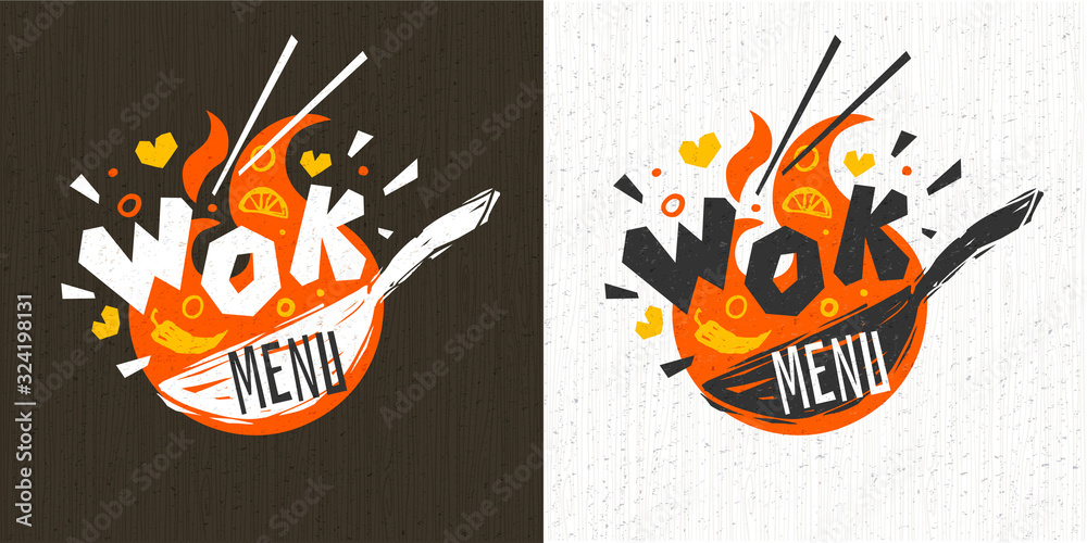 Wok asian food logo, Wok pan, lettering, pepper, vegetables, Cook wok ...