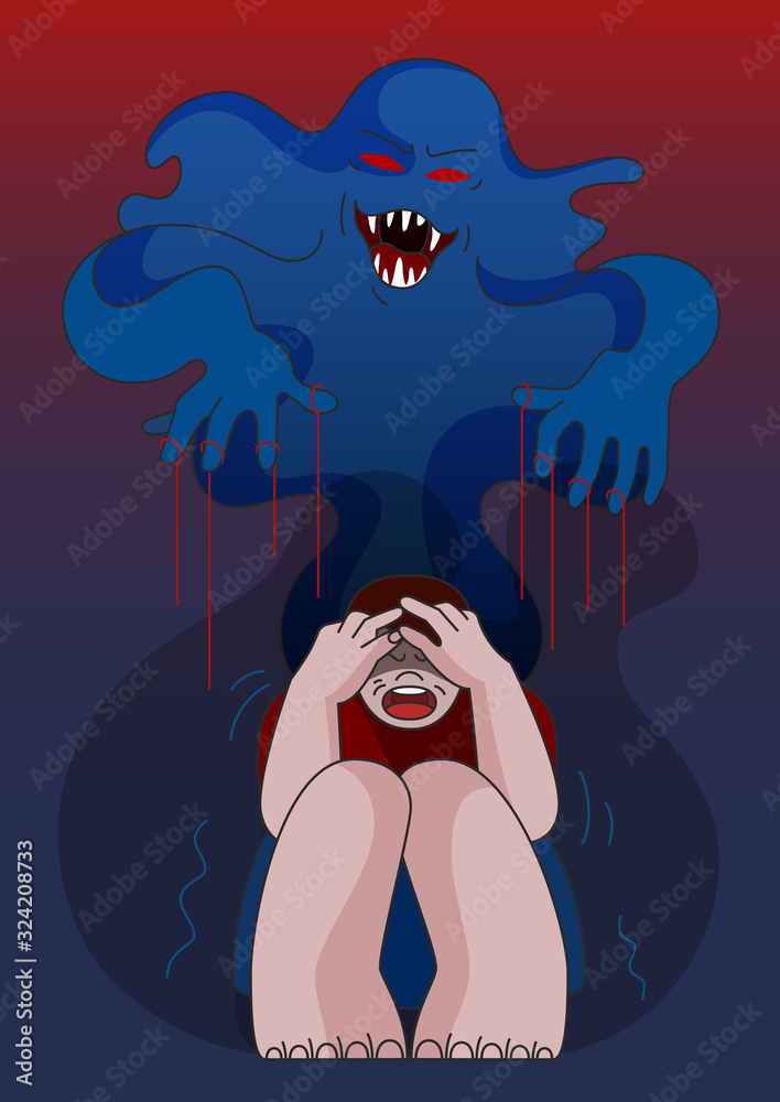 Mental health women. Panic controls person as a puppet. Girl sits ...