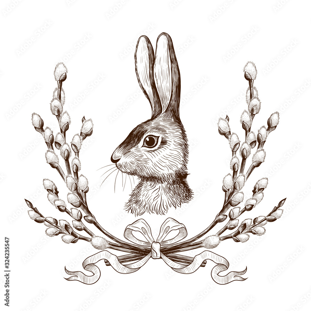 .Easter Bunny in a wreath of willow branches.Engraved design elements ...