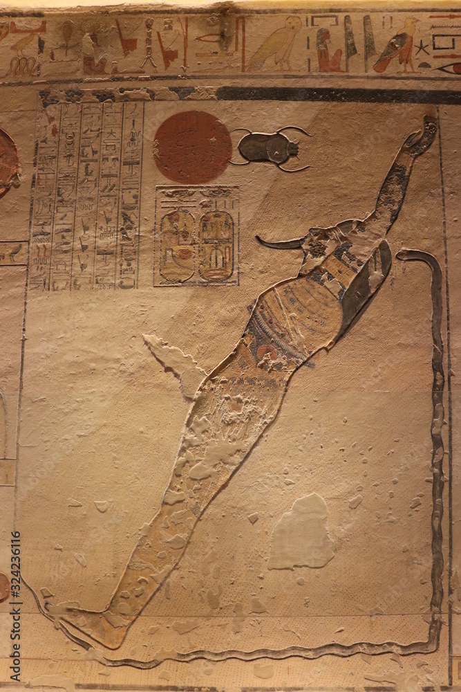 Hieroglyphics inside the Tomb of Rameses VI - Valley of the Kings. The ...