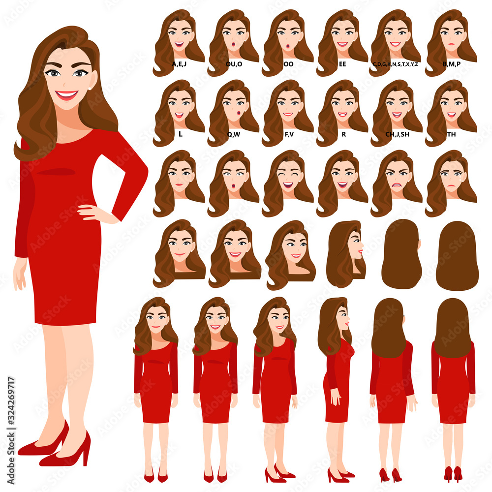 Cartoon character with business woman in red dress for animation. Front ...