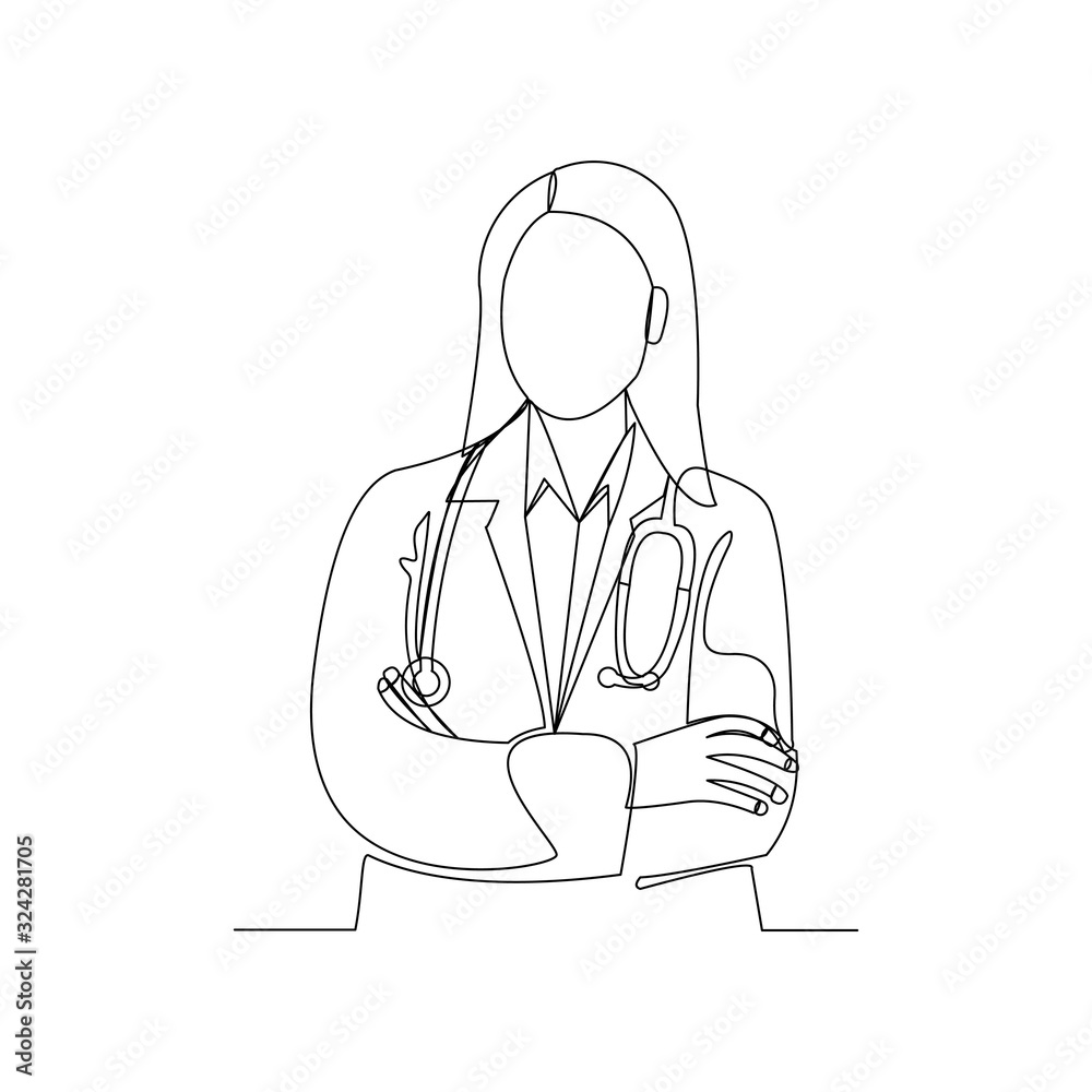 Continuous line drawing of woman doctor with stethoscope. One line art ...