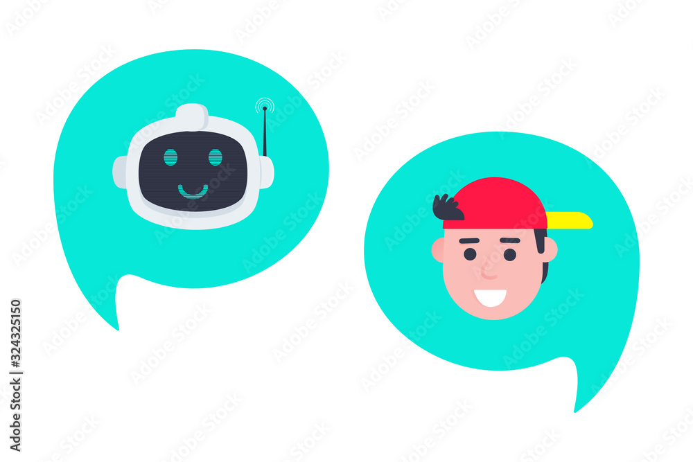 Robot chatbot head icon sign in the speech bubble talking with boy flat ...