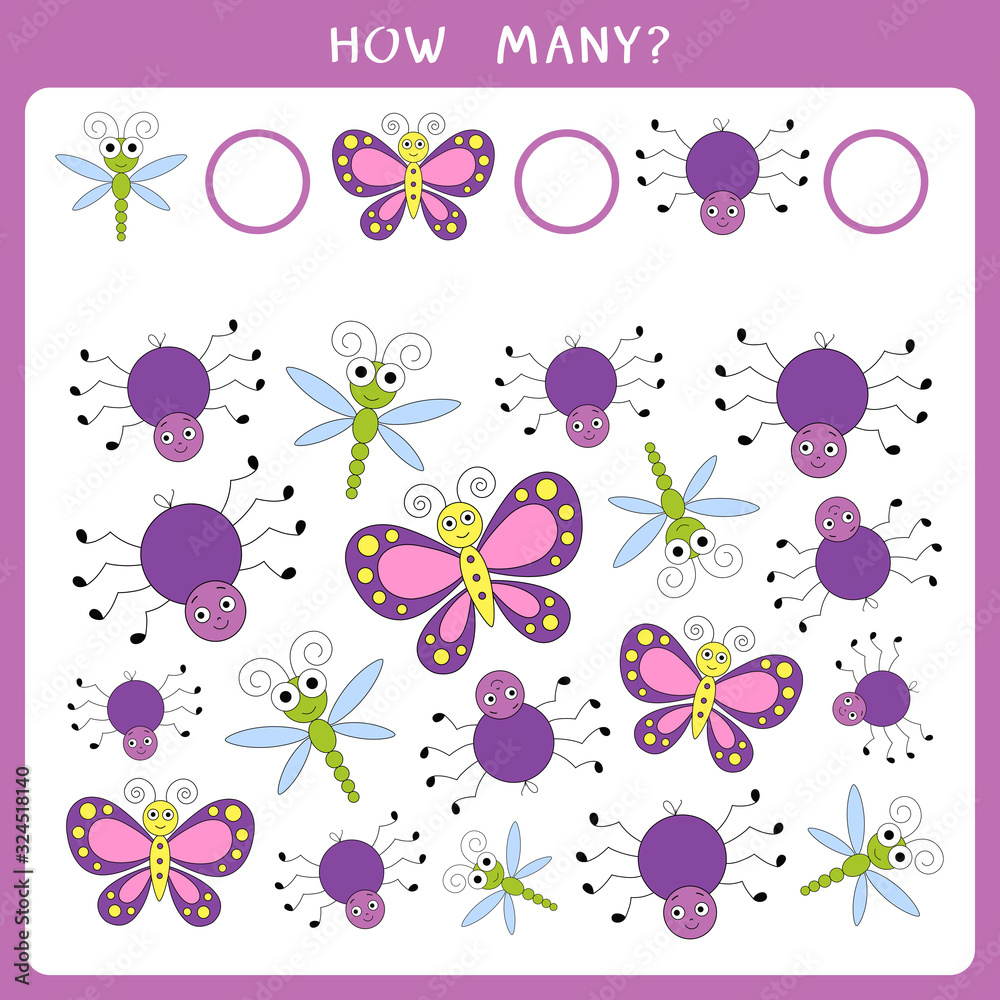 Educational math game for kids. Count how many insects and write the ...