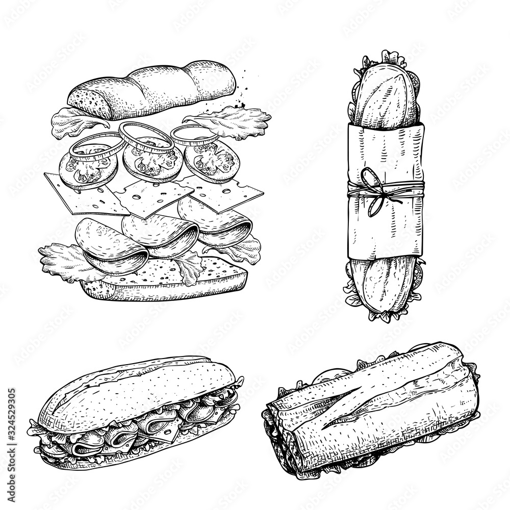 Hand drawn sketch sandwiches set. Submarine type sandwiches. Top and ...