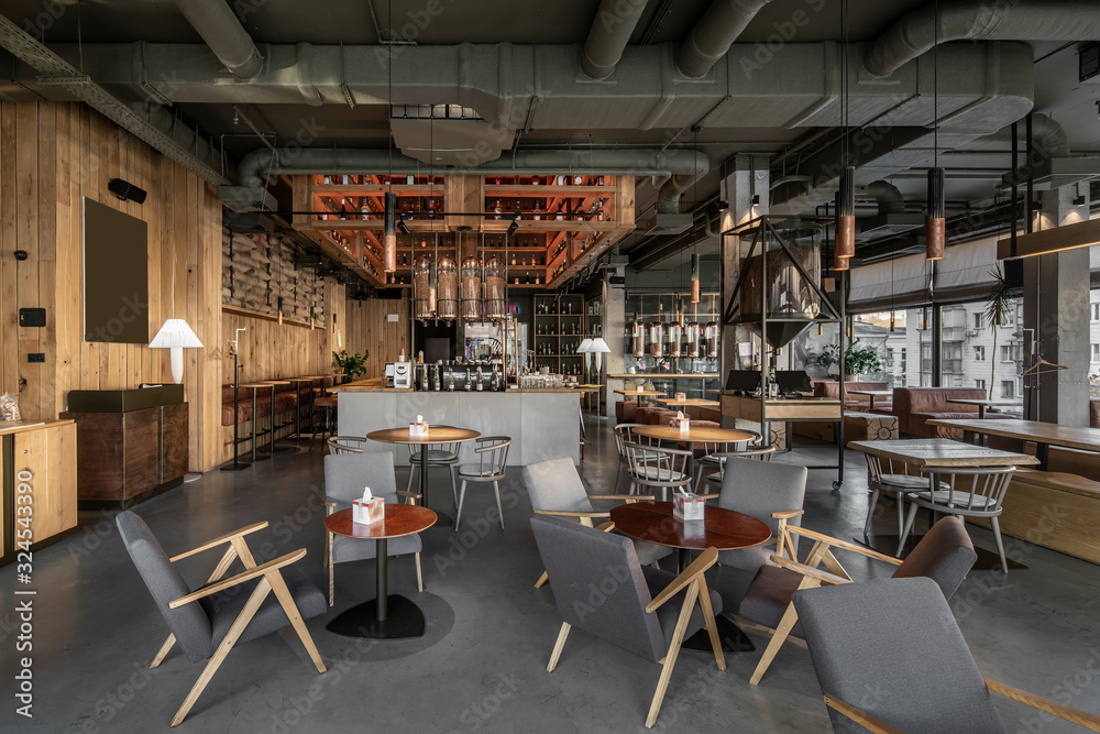 Interior of modern cafe in loft style Stock Photo | Adobe Stock