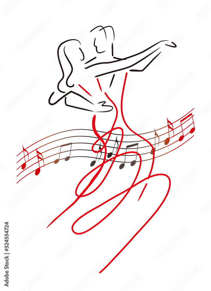 Balroom Dancers Couple with musical notes. Line art stylized ...
