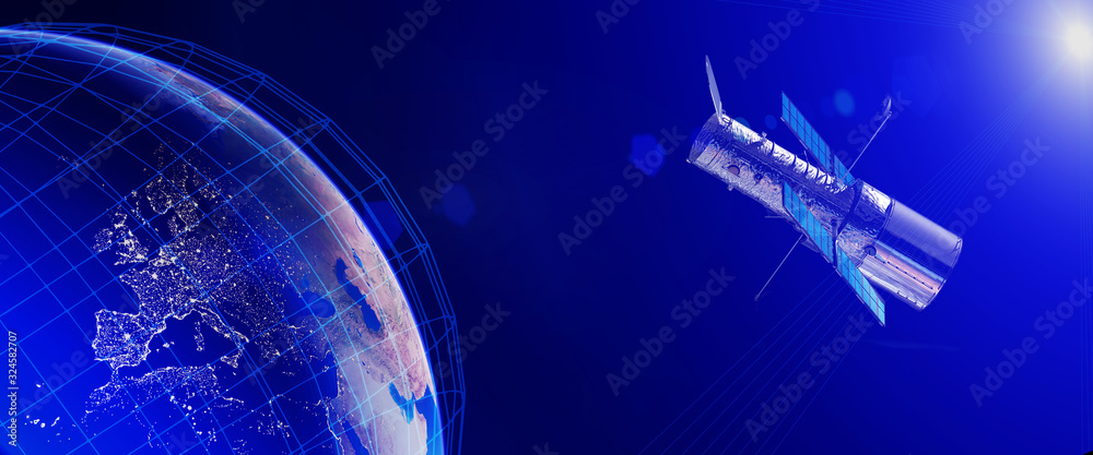 Satellite is in planet Earth orbit. Worldwide fast internet network ...