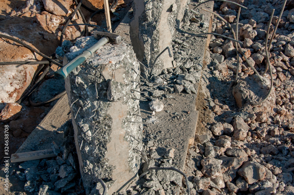 Demolition of concrete piles. Concrete base of the new building. Stock ...