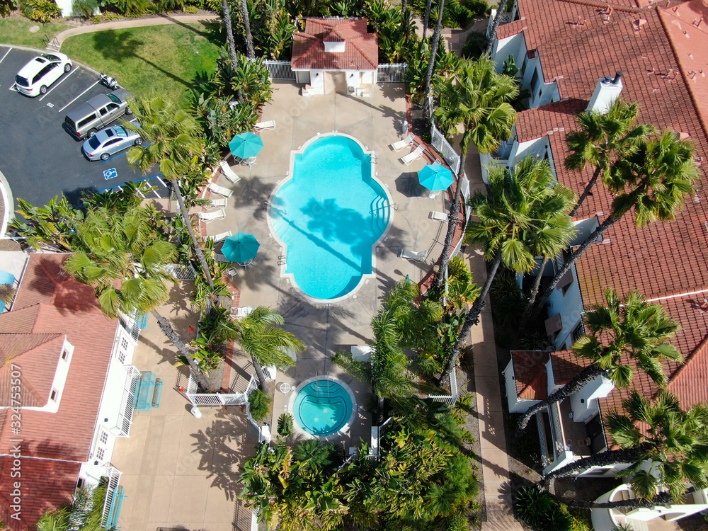 Aerial view of typical Southern California Spanish style residential ...