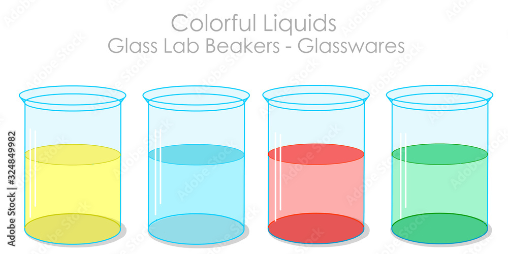 Beakers glassware. Colorful fluids. Yellow red blue green liquid in the ...