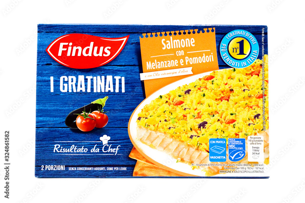 Italy – February 21, 2020: Captain FINDUS Salmon with Eggplant ...