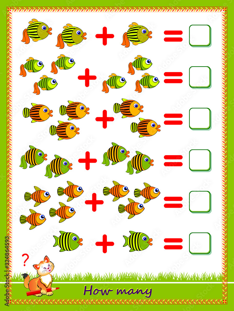 Educational page for little children on addition. Solve examples, count ...