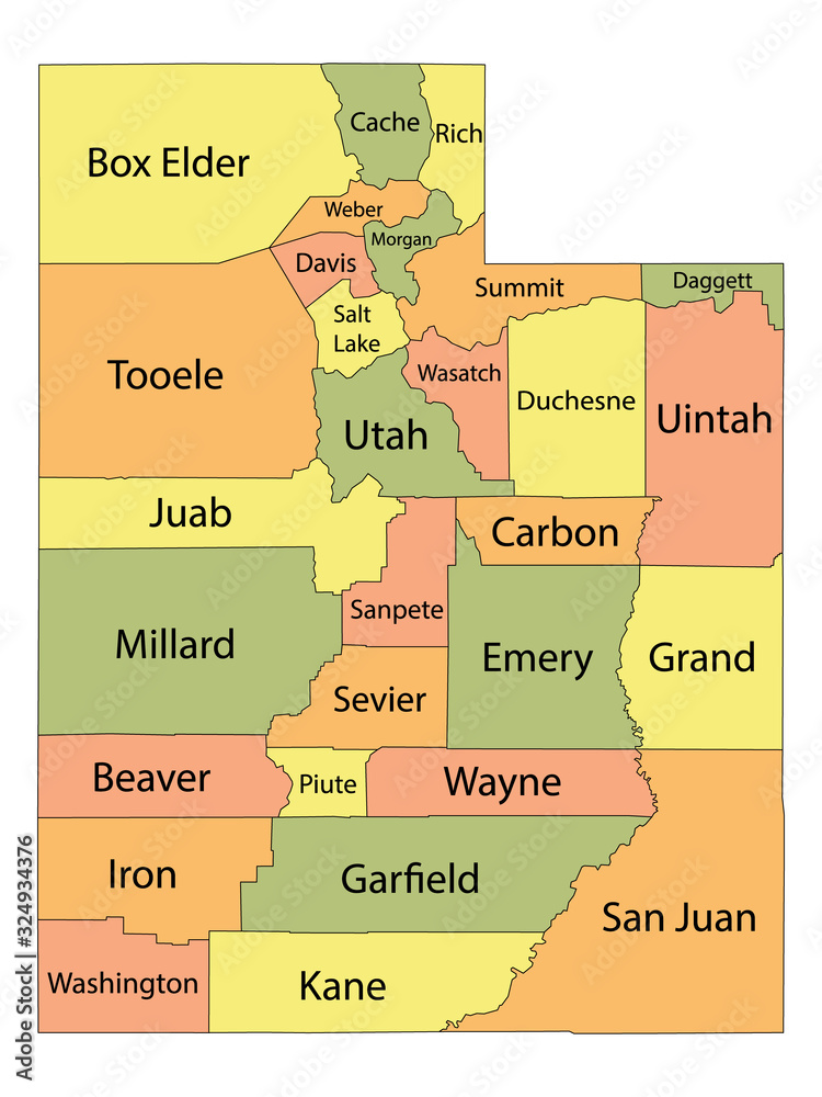 Colorful County Map With Counties Names of the US Federal State of Utah ...