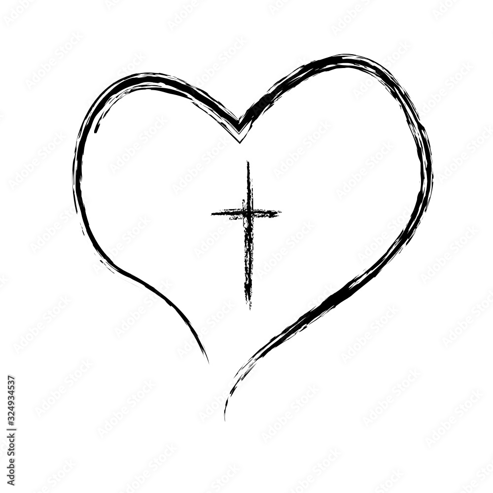Christian cross and heart drawn by brush, isolated symbols on a white ...
