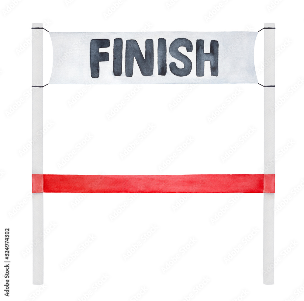 Water color illustration of finish line banner with bright red ribbon ...