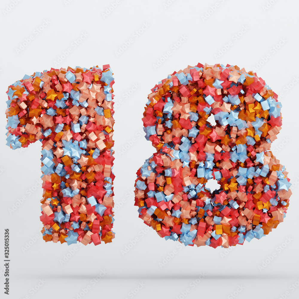 Number 18 3D Text Illustration, Digits With Pink And Sky Colors Stars ...