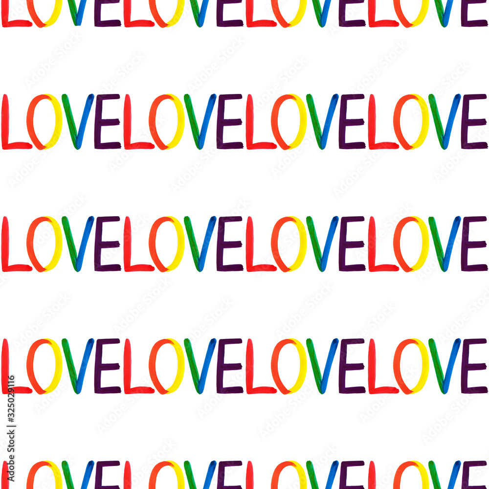 Seamless pattern word LOVE in LGBT rainbow color flag on white ...
