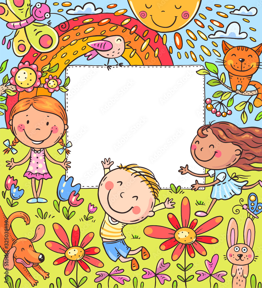 Cartoon frame with happy kids and a blank space Stock Vector | Adobe Stock
