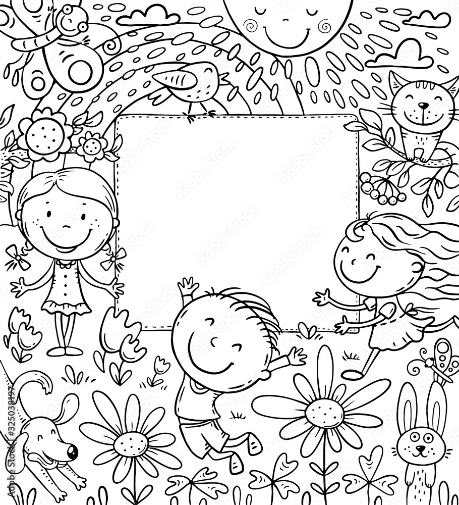 Cartoon frame with happy kids and a blank space Stock Vector | Adobe Stock