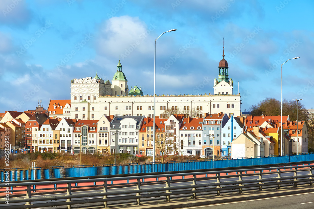 Szczecin cityscape with Ducal Castle seen from the city main highway ...