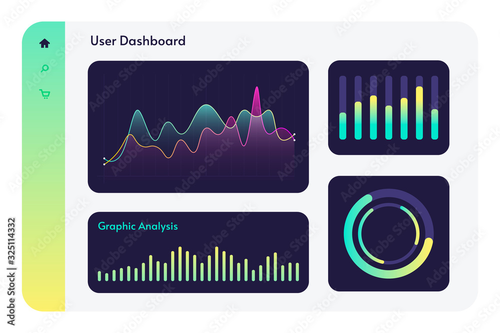 User dashboard template with circle graphics, diagrams, statistic bars. Admin panel interface ...