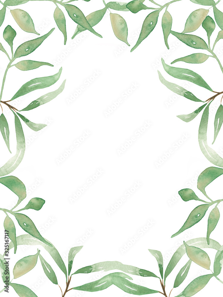 Watercolor hand painted greenery frame. Foliage wreath clipart. Green ...