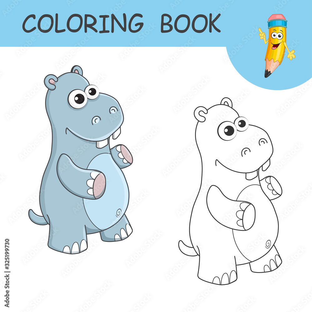 Coloring page outline of cartoon funny hippo. Cute colorful ...
