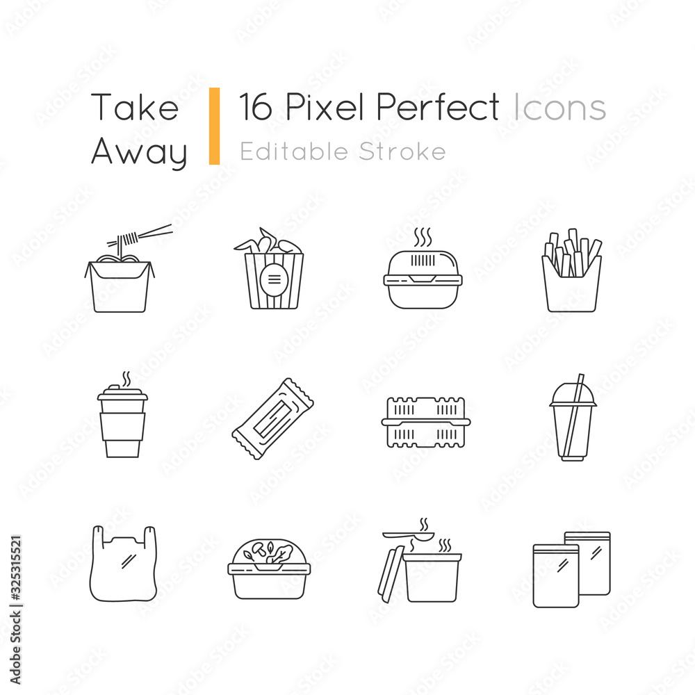 Vetor Takeaway food packages pixel perfect linear icons set ...