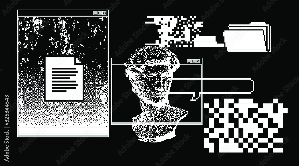 Pixel art ilustration with retro 80's UI and UX elements. Vaporwave and ...