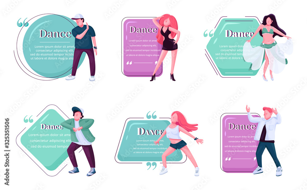 Dancers flat color vector character quotes set. Bellydance, hip hop ...