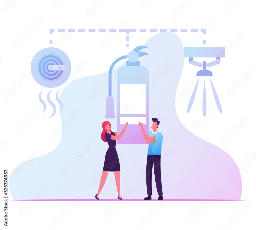 Fire and Electrical Safety Concept. People with Extinguisher Stand ...