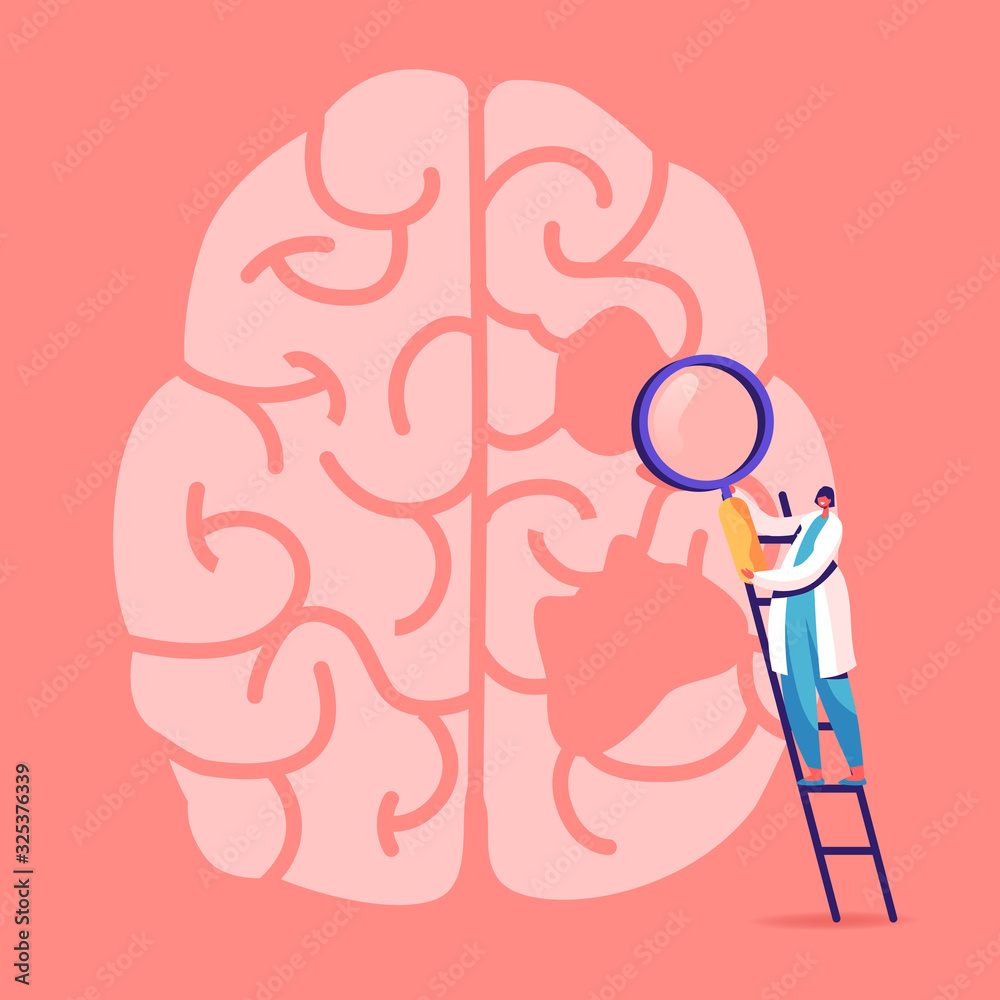 Tiny Female Doctor Character Stand on Ladder with Magnifying Glass ...