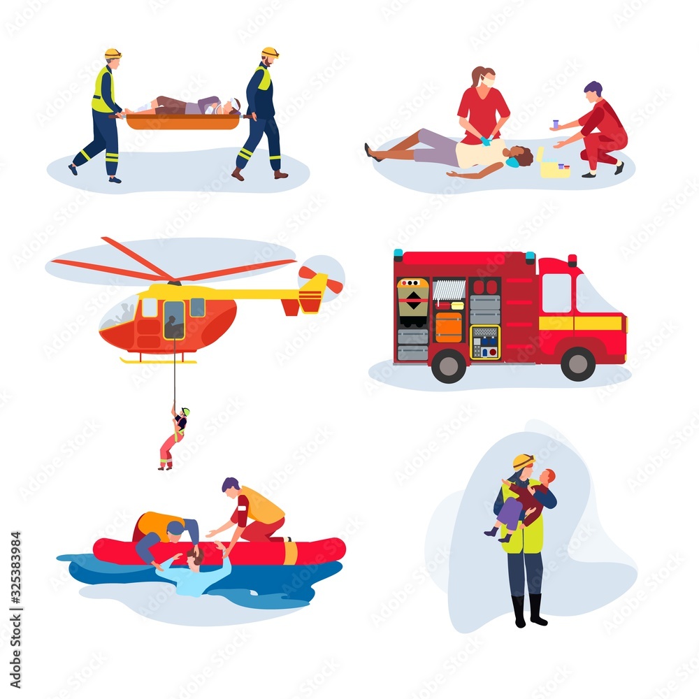 Emergency rescue team, help people cartoon characters, set isolated on ...