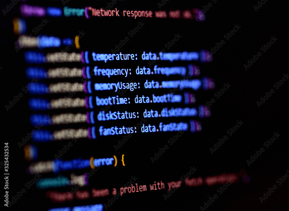 Software programming source code on computer screen.. Modern Javascript, typescript, ecma script ...