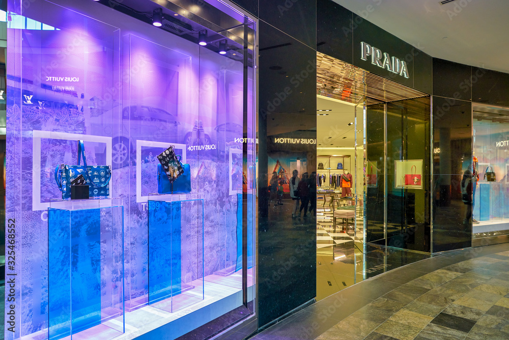 SINGAPORE - CIRCA APRIL, 2019: display window and entrance at Prada ...