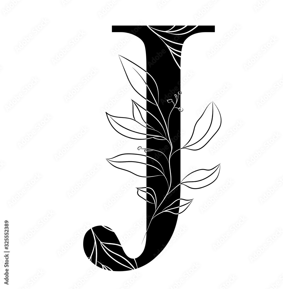 Floral graphic alphabet art. Combination of black letter J and line art ...